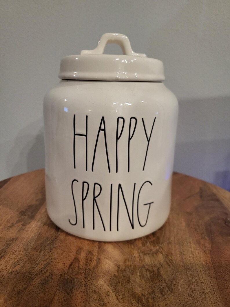 Rae Dunn Happy Spring Canister LL Cookie Jar White W/black Writing - Etsy