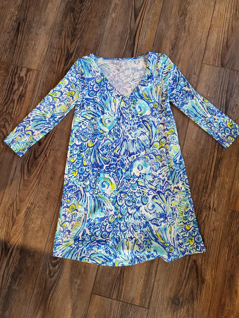Lilly Pulitzer ERIN Dress Blue Crush After Party V-neck 3/4 Sleeve Size ...