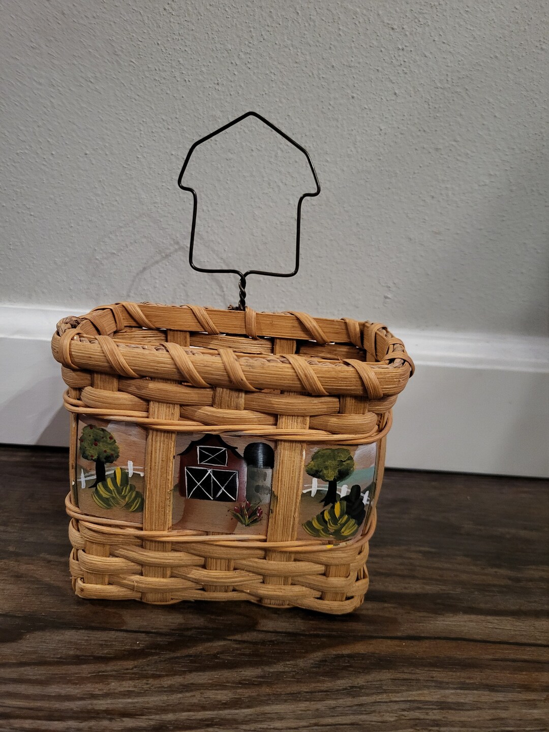 VTG Woven Basket W House Shaped Wall Hanger Handpainted and Signed - Etsy