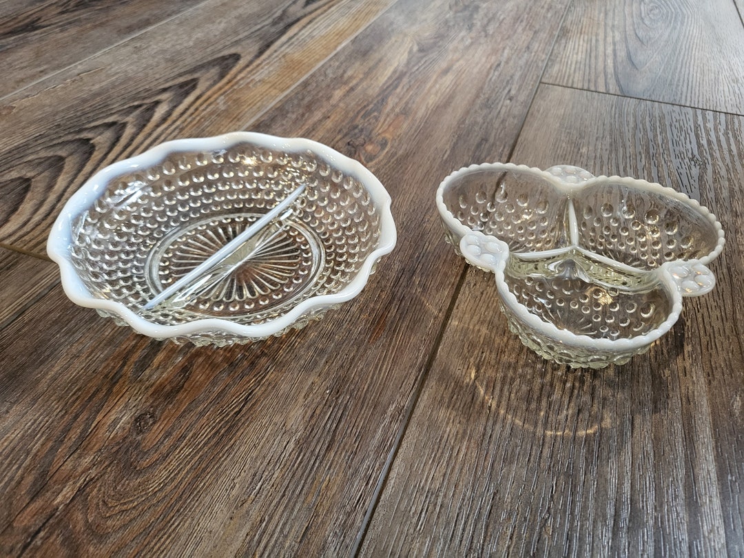 Vintage Hobnail Opalescent Moonstone Glass Set of 2 Divided Dishes/bowl ...