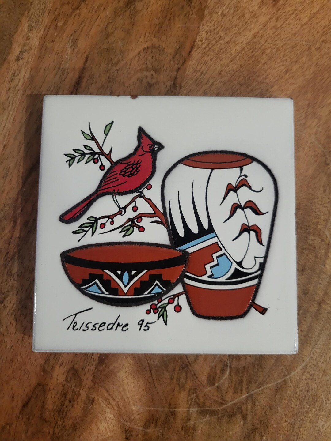 Cleo Teissedre Tile With Pot, Bowl, Cardinal and Berries Reds/white ...