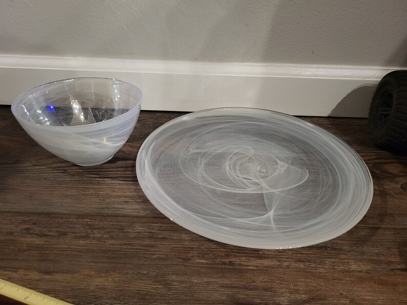 Swirl Art Glass Bowl and Plate Set Clear With White Swirls - Etsy