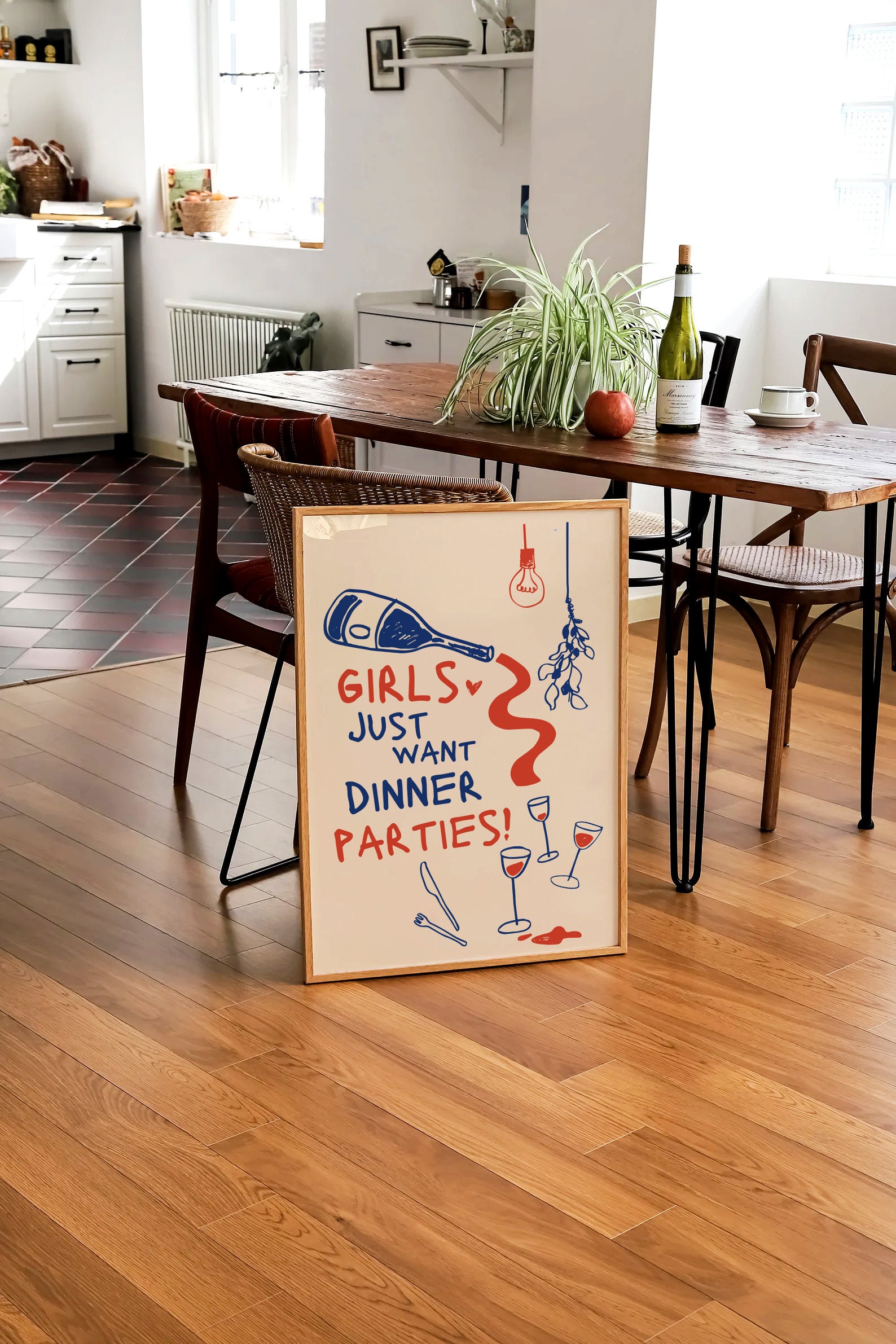 Dinner Party Print Kitchen Wall Art Hand Illustrated Vintage - Etsy