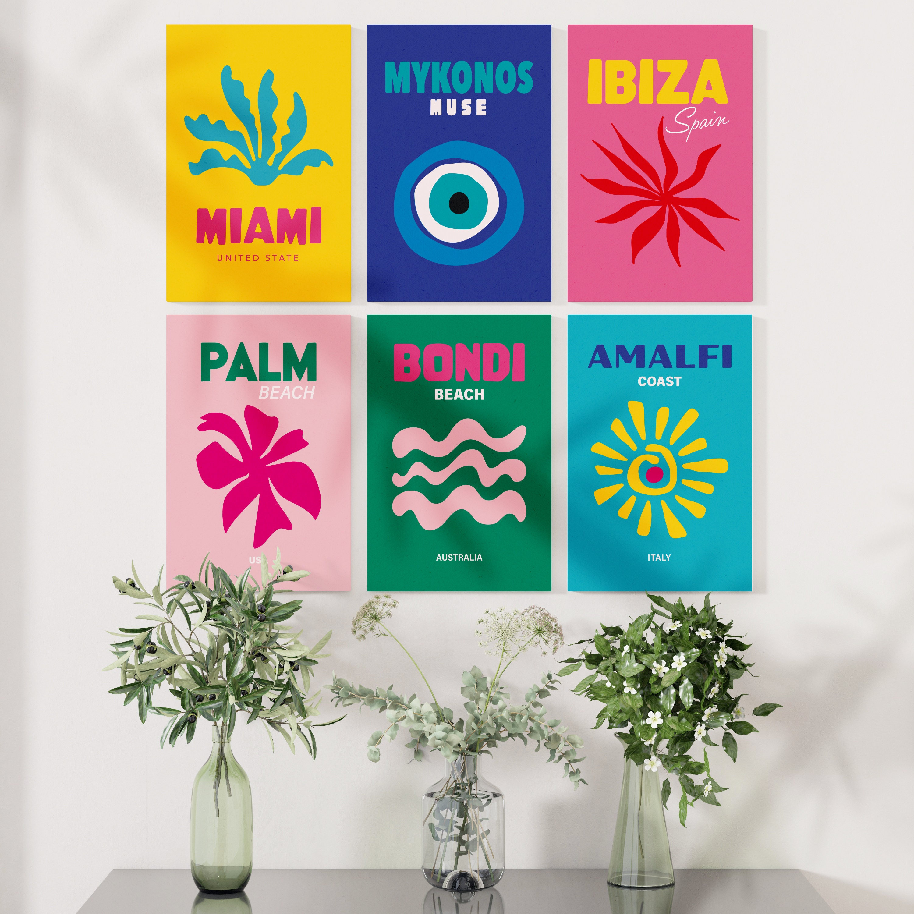 Set of 6 Travel Famous Places Prints | Ibiza Miami Mykonos Amalfi Bondi ...