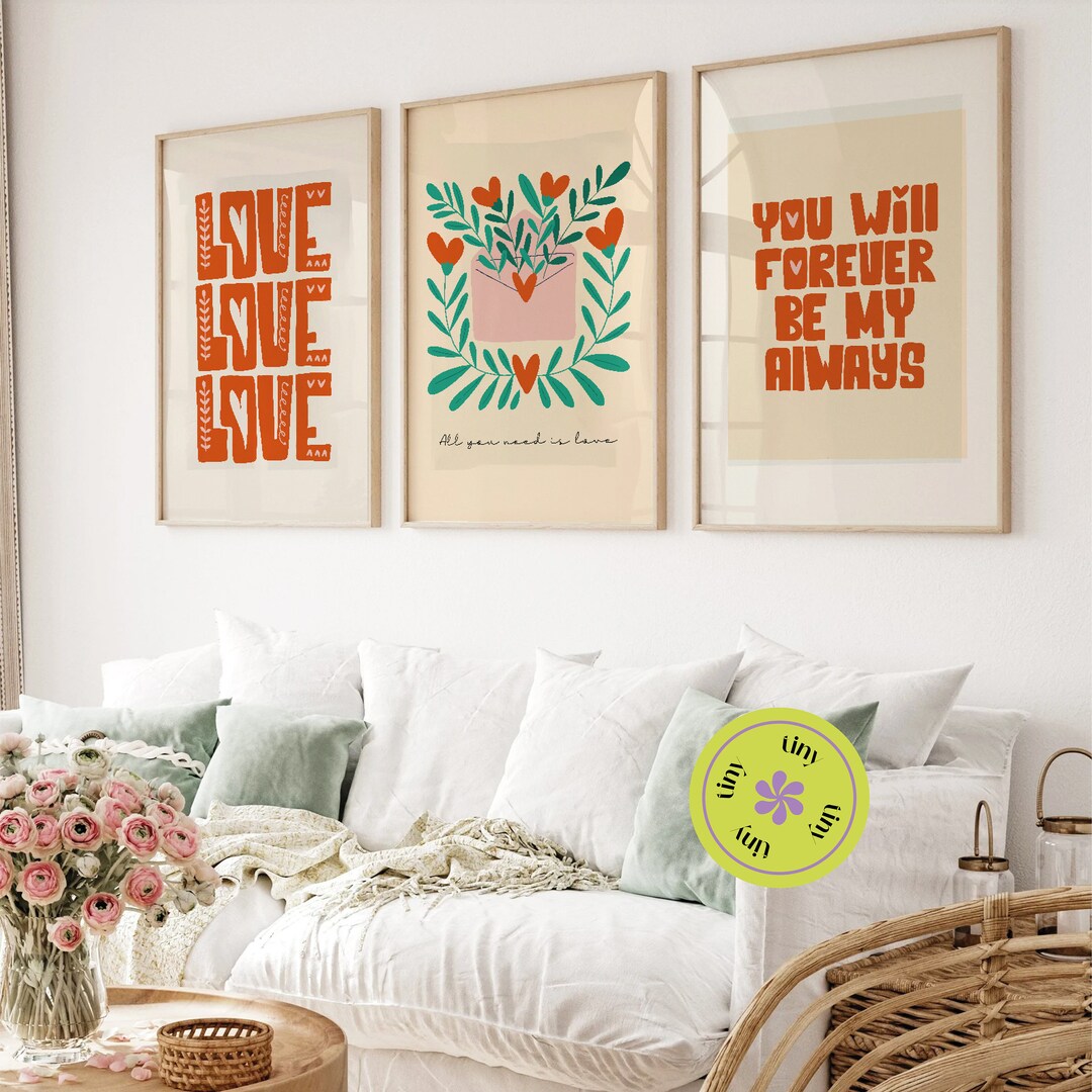 Set of 3 Digital Art, Love Poster, Red and Beige Color Block Print ...