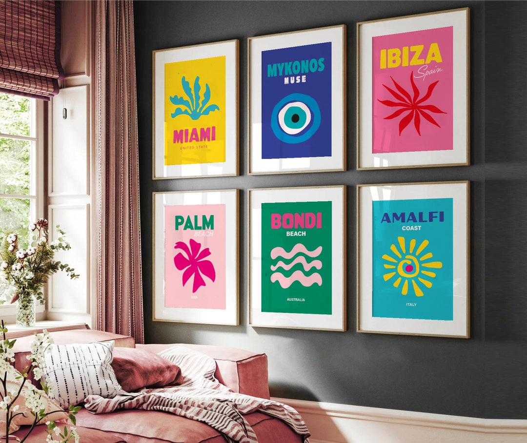 Set of 6 Travel Famous Places Prints | Ibiza Miami Mykonos Amalfi Bondi ...
