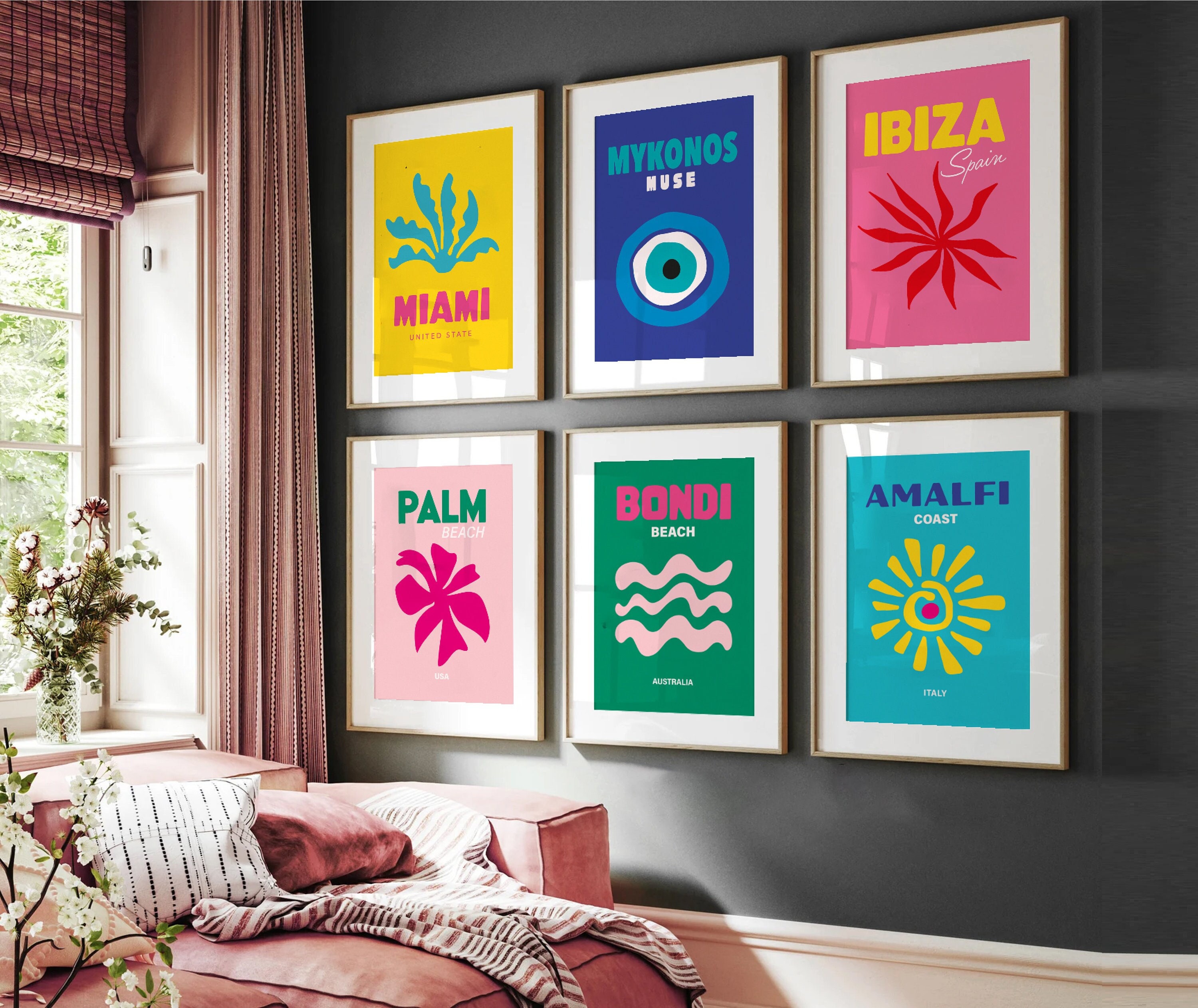 Set of 6 Travel Famous Places Prints | Ibiza Miami Mykonos Amalfi Bondi ...