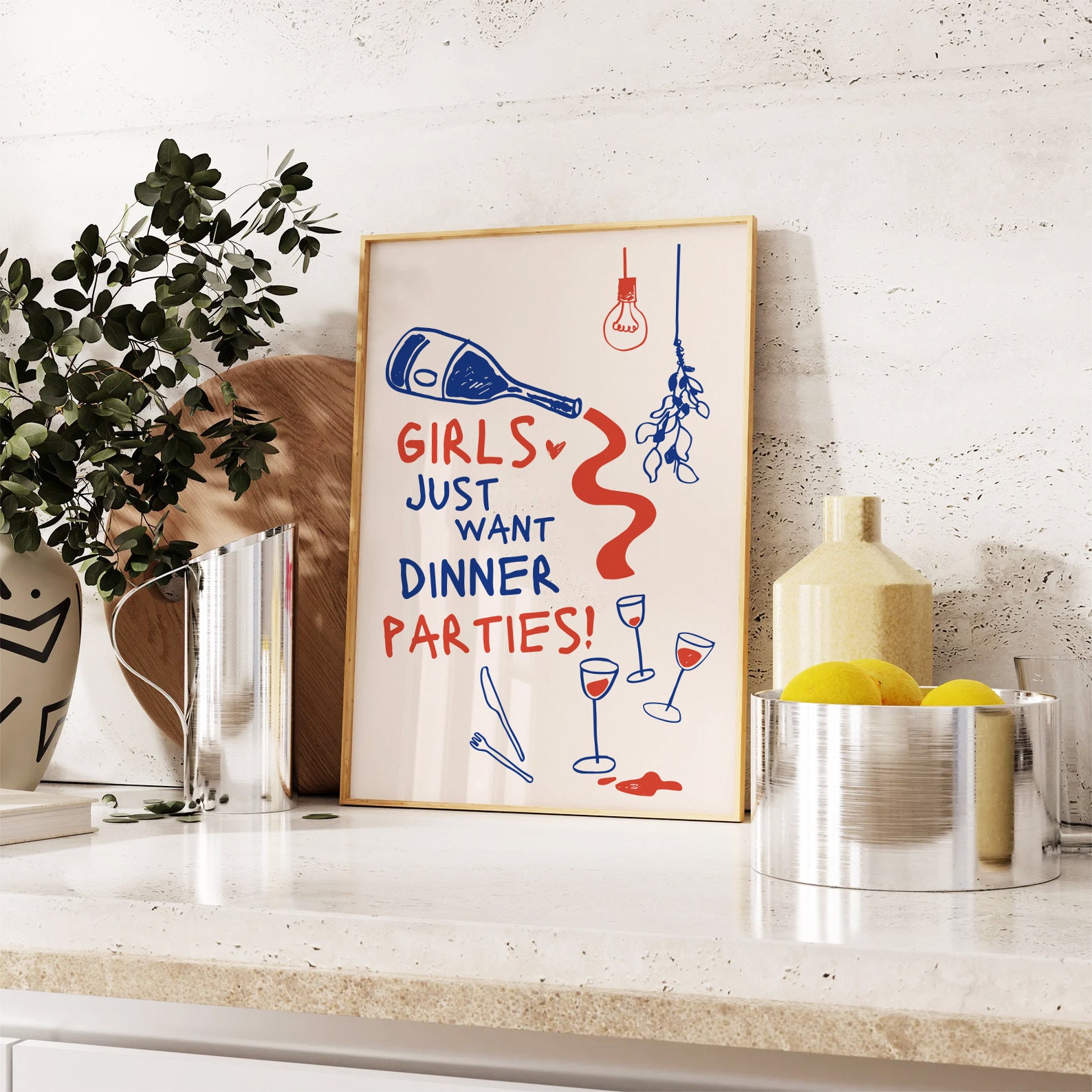 Dinner Party Print Kitchen Wall Art Hand Illustrated Vintage - Etsy