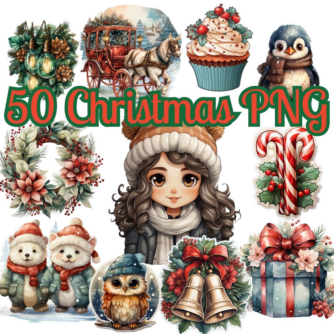 Christmas Clipart 50 Watercolor PNG Graphics, Candy Cane, Ornaments ...