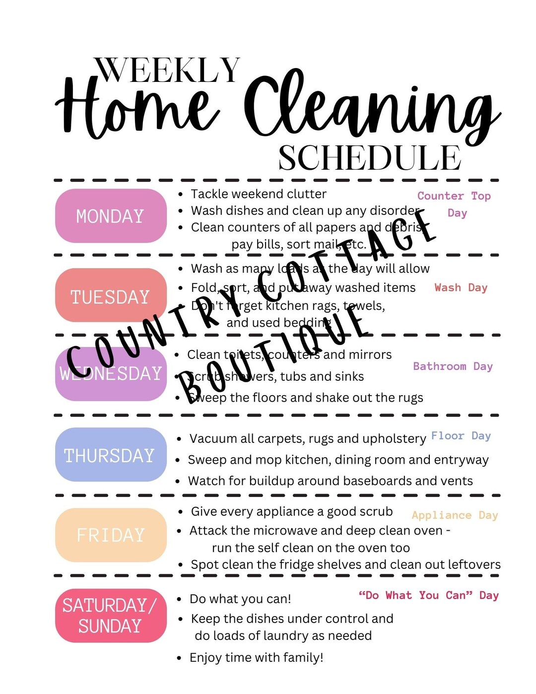 Weekly Home Cleaning Schedule, Checklist, DIGITAL FILE, PRINTABLE - Etsy