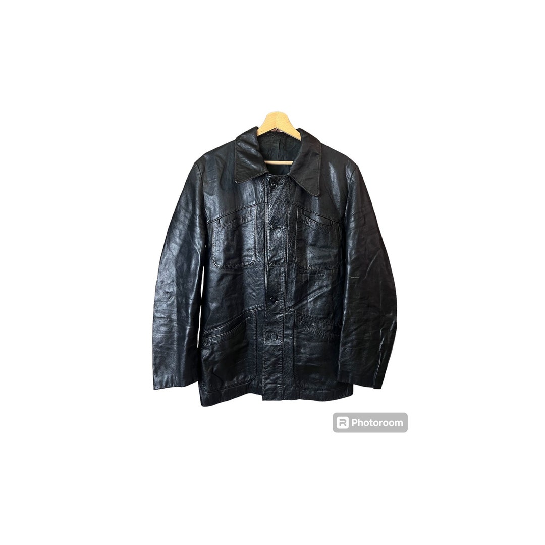 Vintage / 70's / Black / Leather / Jacket / Buttons / 50 / XL - Etsy