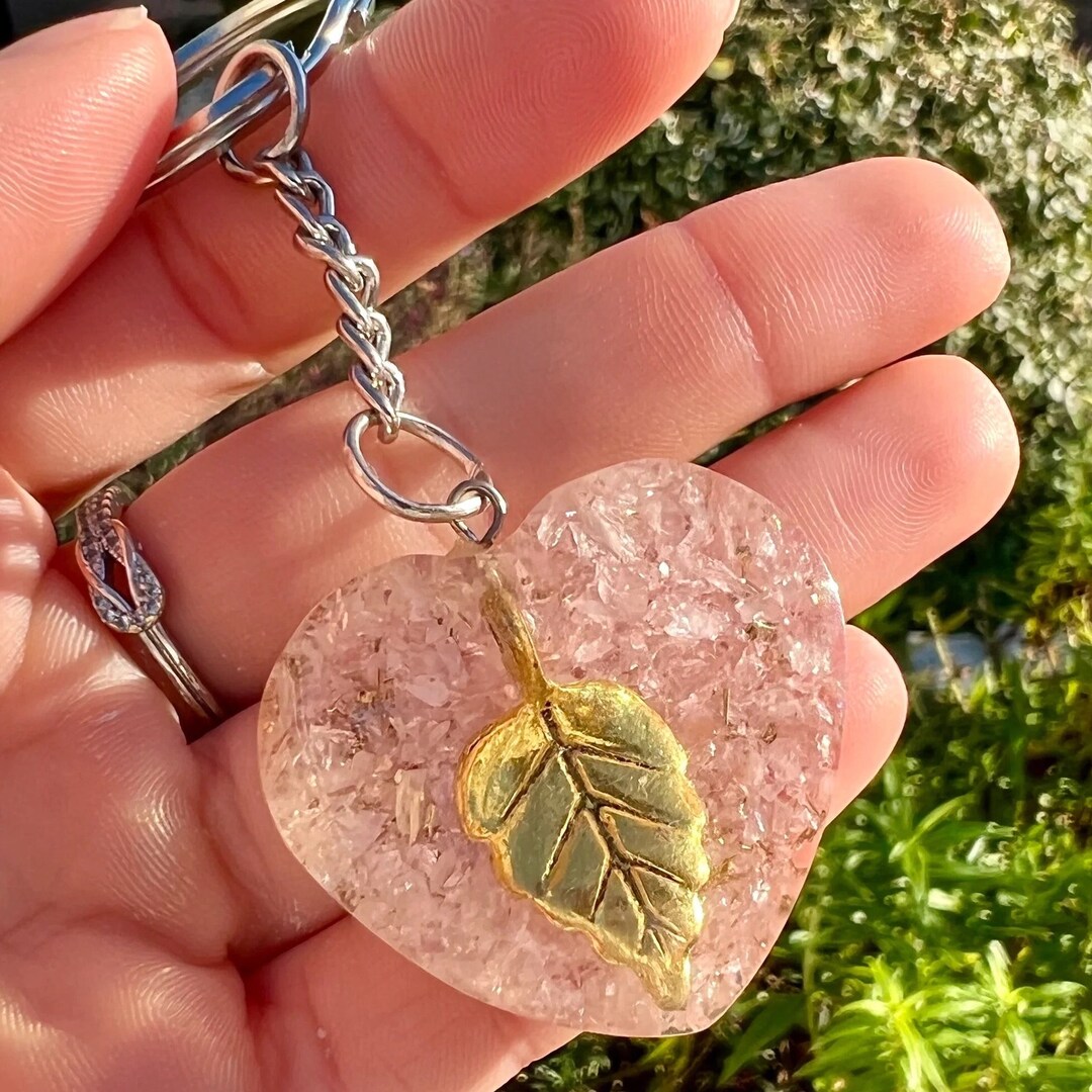 Orgonite Crystal Keyring Rose Quartz Gemstone Healing Stone Crystals Love Heart Golden Leaf ...