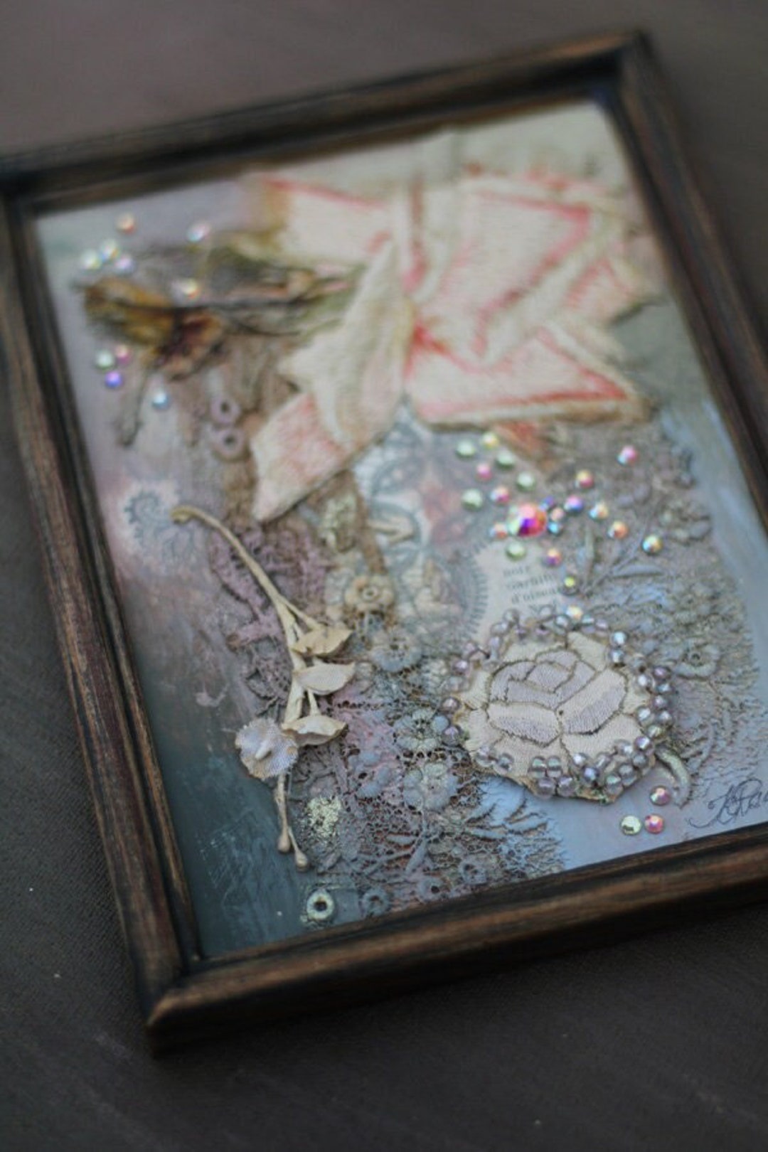 Original Art, Collage Painting, "frozen Roses" With Antique Textiles ...