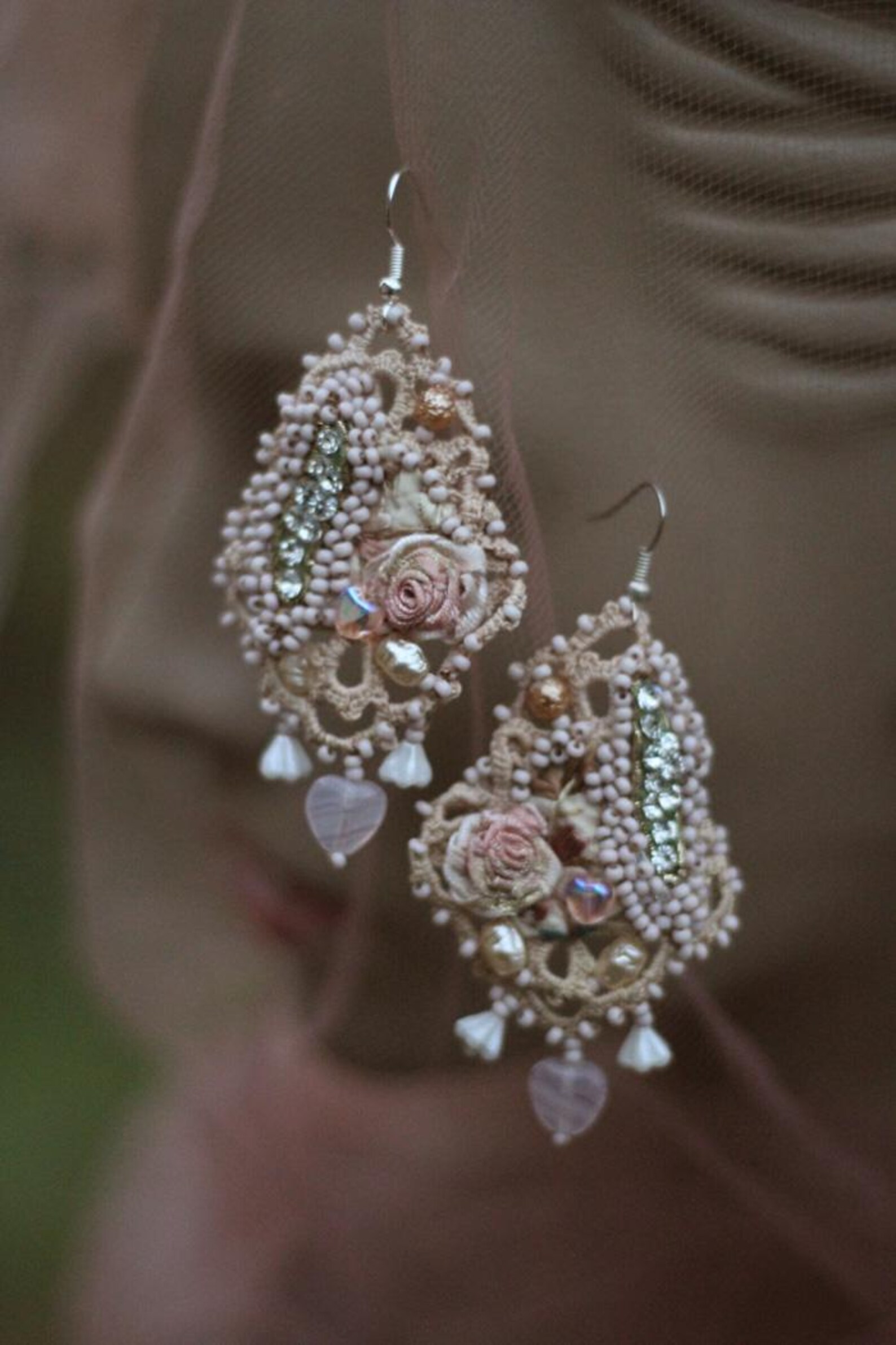 Hand Embroidered Earrings: Beaded Lace With Pearls and Beads - Etsy