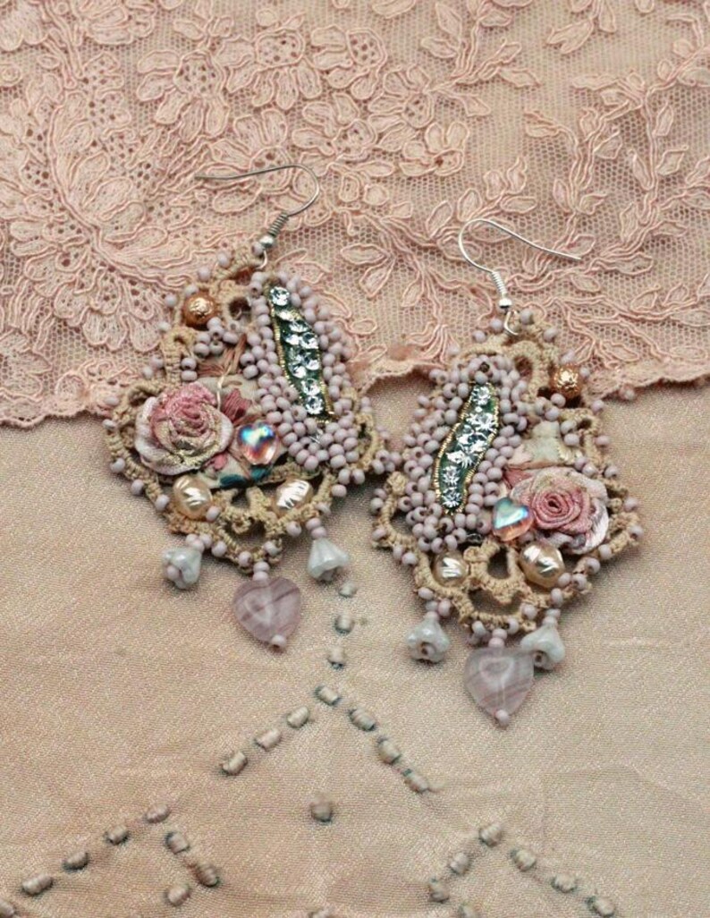 Hand Embroidered Earrings: Beaded Lace With Pearls and Beads - Etsy