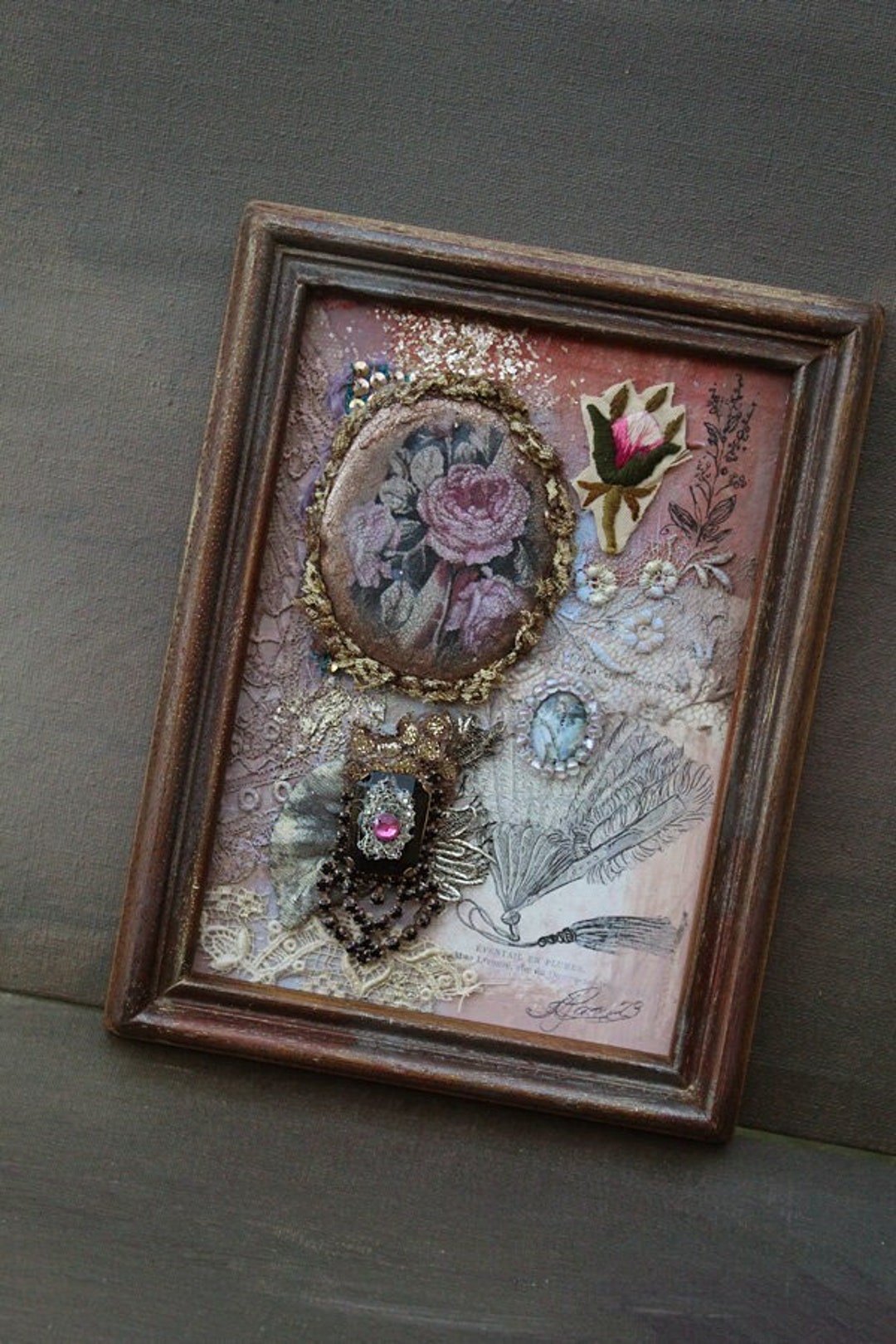 Original Art, Small Collage Painting "antique Roses" Victorian Inspired ...