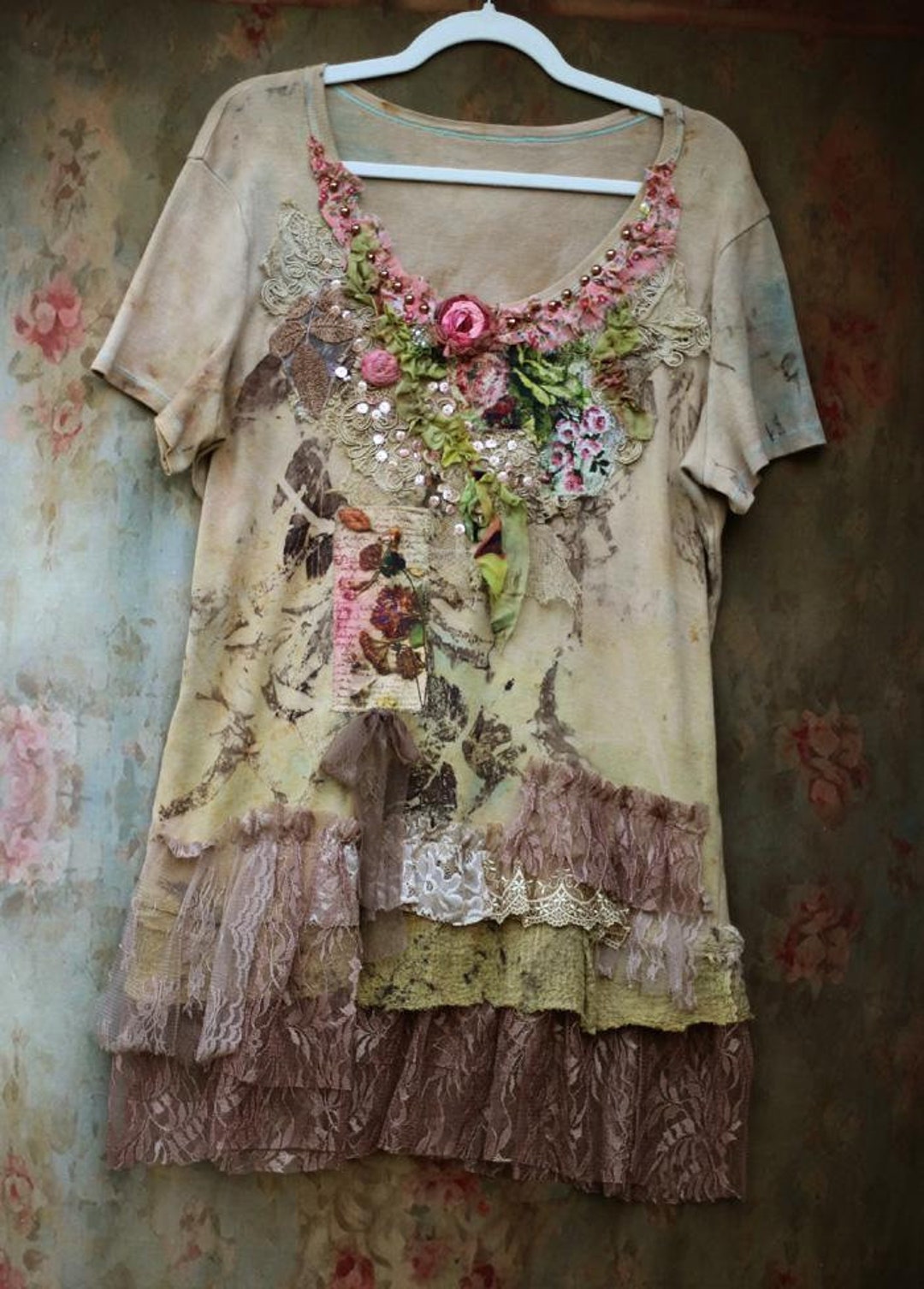 Boho Romantic Cotton Top W Botanic Print, L-XL, Vintage Laces and ...