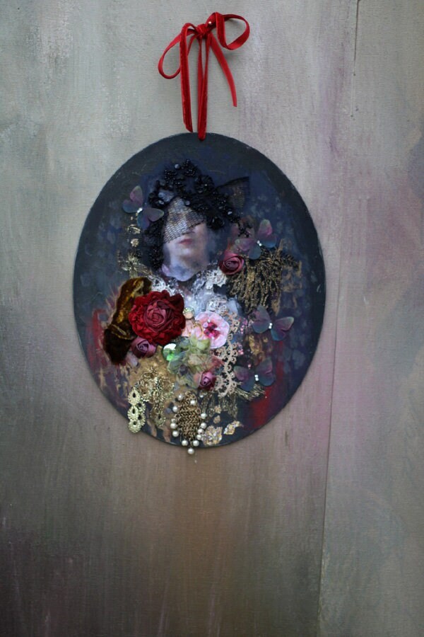 Original Art, Collage Painting, "lady With Veil and Roses" With Antique ...