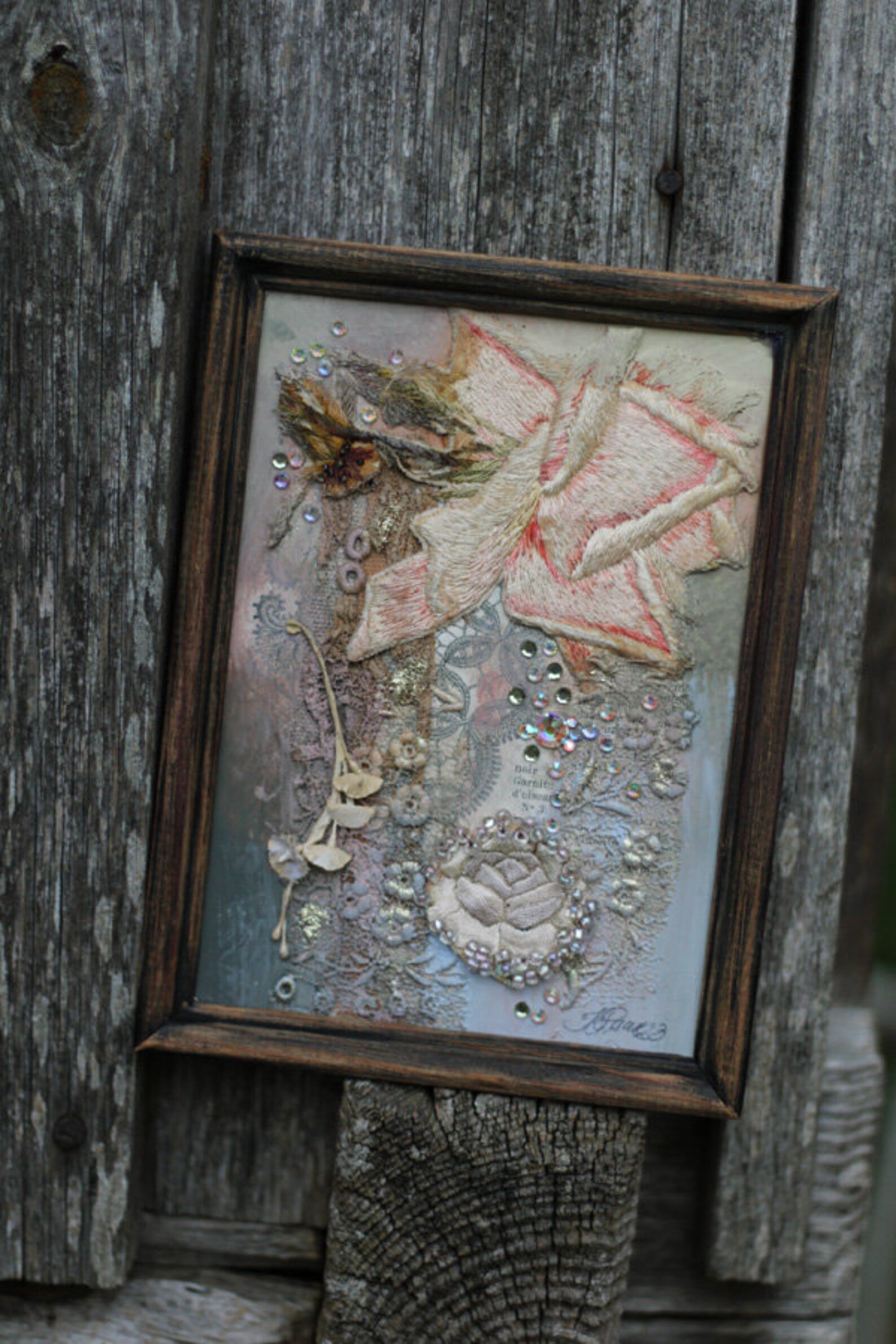 Original Art, Collage Painting, "frozen Roses" With Antique Textiles ...