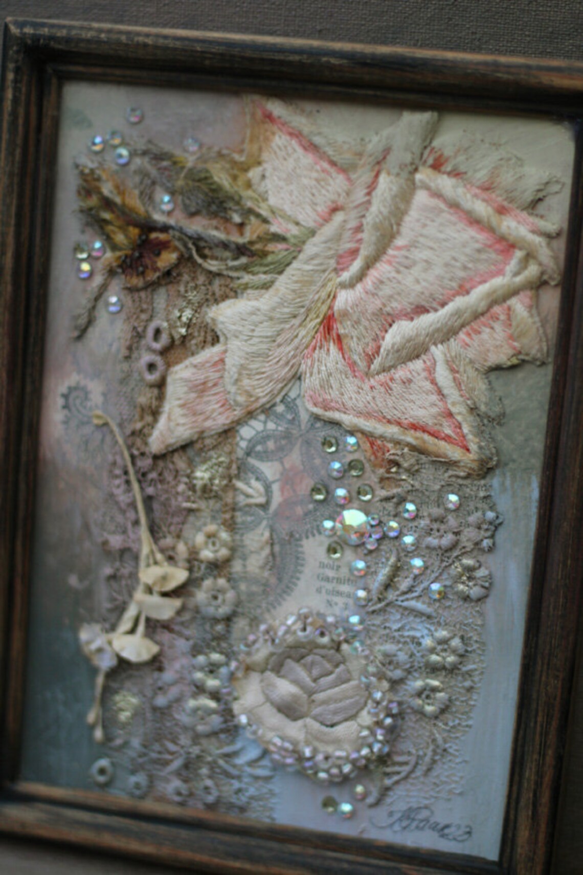 Original Art, Collage Painting, "frozen Roses" With Antique Textiles ...