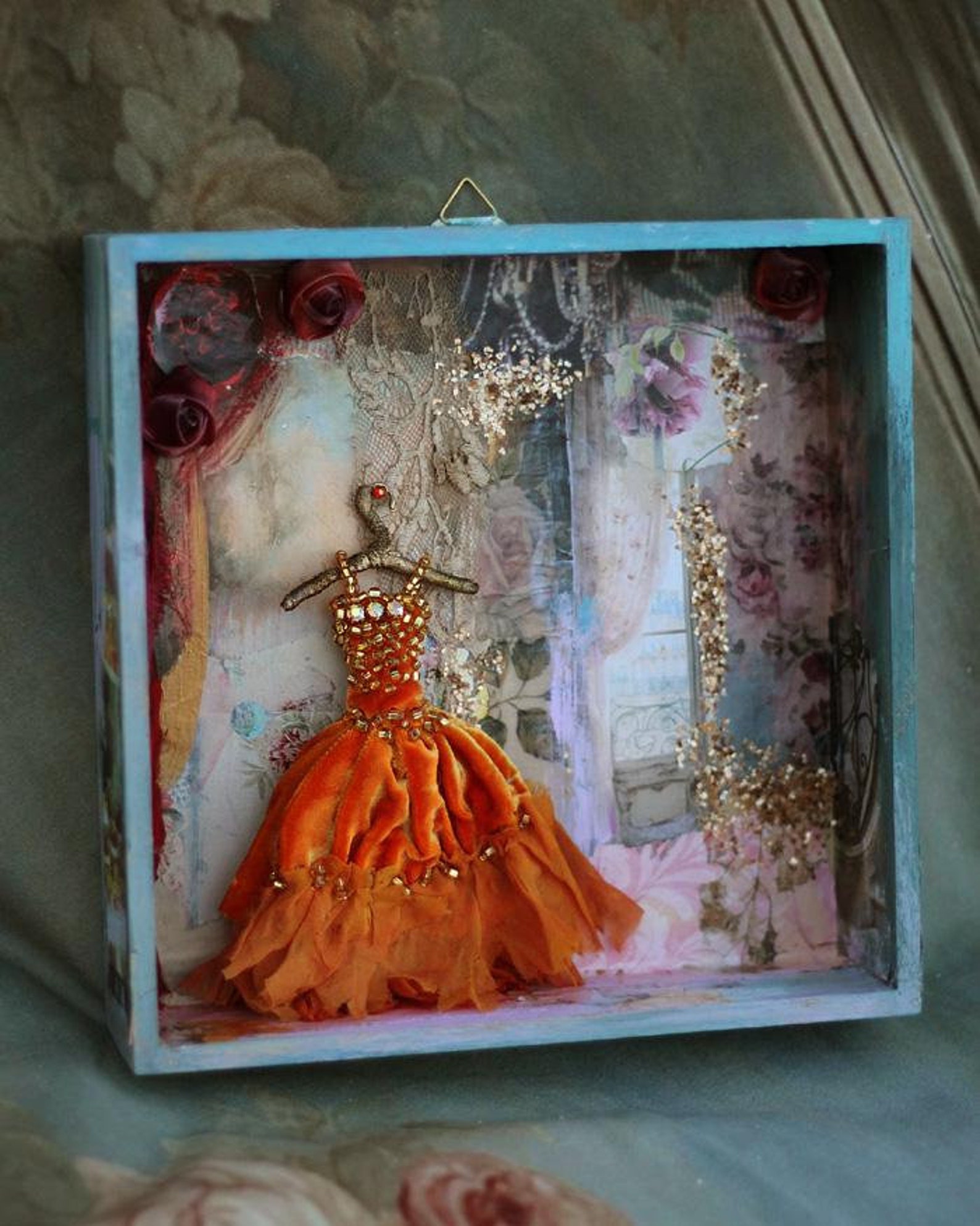 Collage Shadow Box, Assemblage Art "orange Dress" Original Art, Room ...