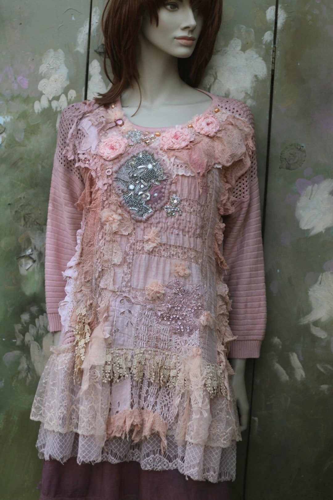 Artsy Boho Knit Jumper "blush&roses" Cotton Knit Tunic, Embroidered ...