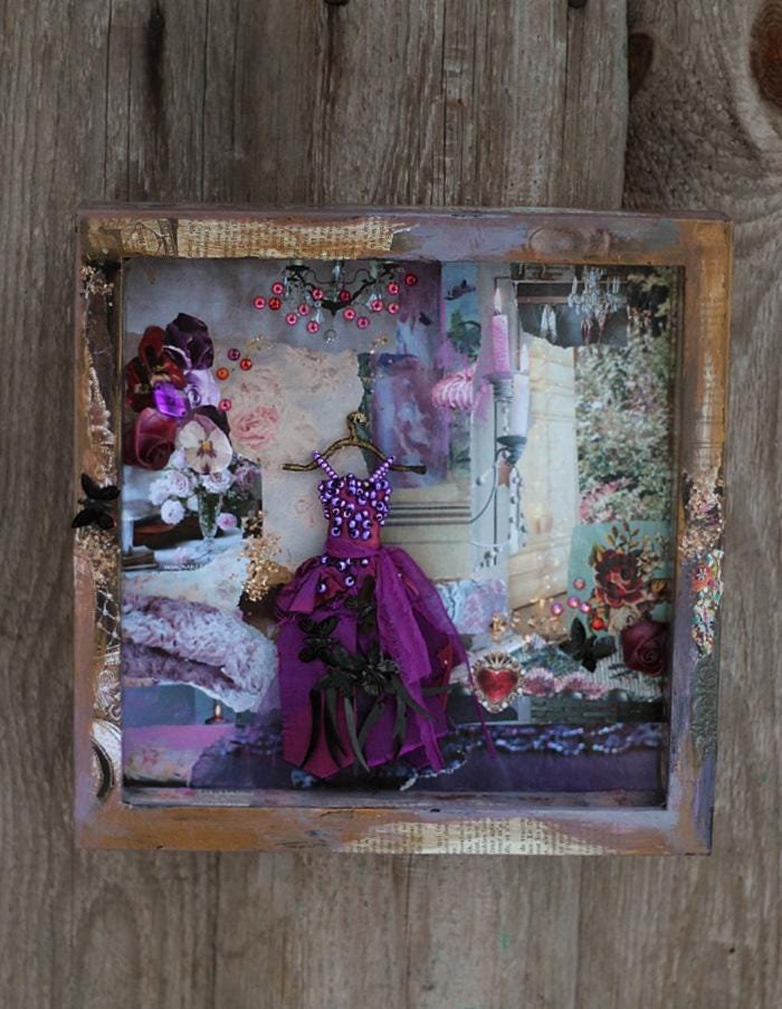 Collage Shadow Box, Assemblage Art 'purple Dress" Original Art, Room ...
