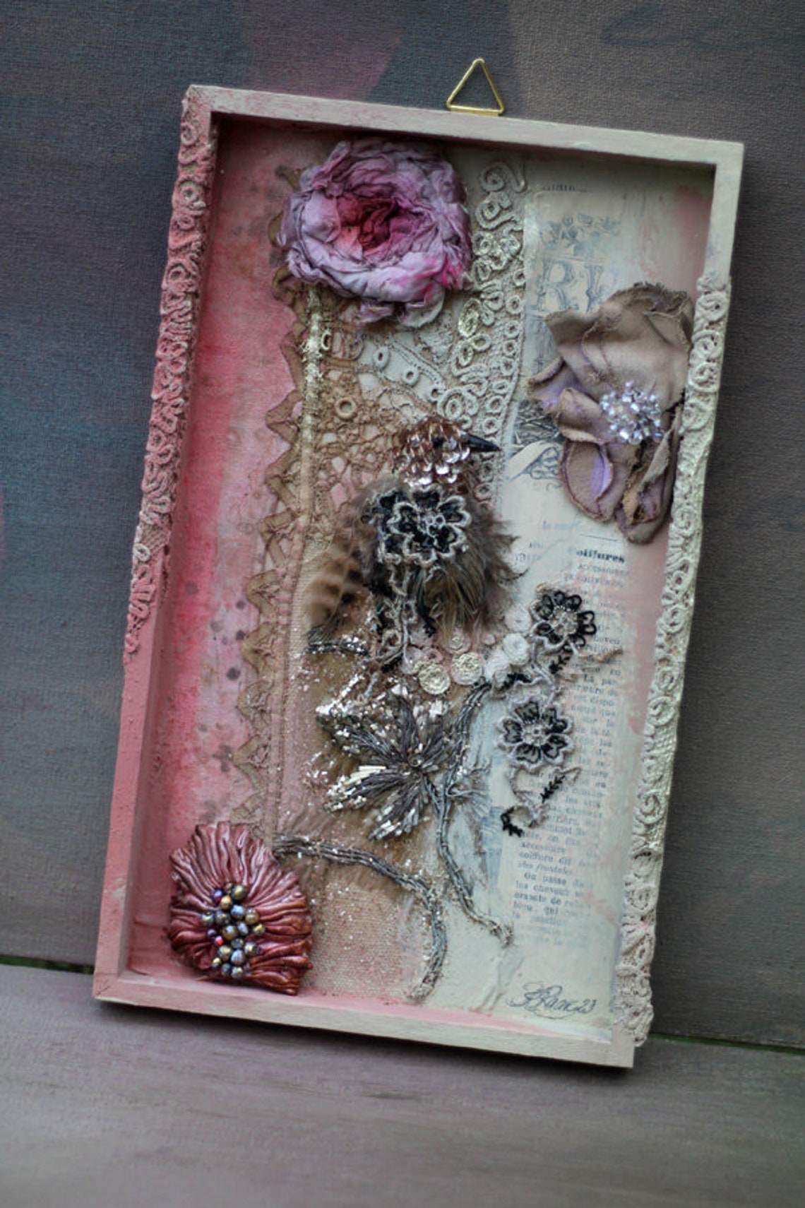 Original Art, Assemblage Art Collage Painting, rose and Nightingale ...