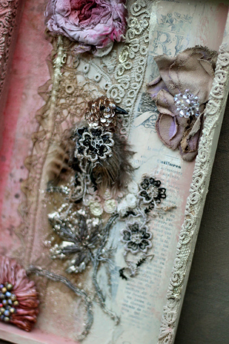 Original Art, Assemblage Art Collage Painting, rose and Nightingale ...