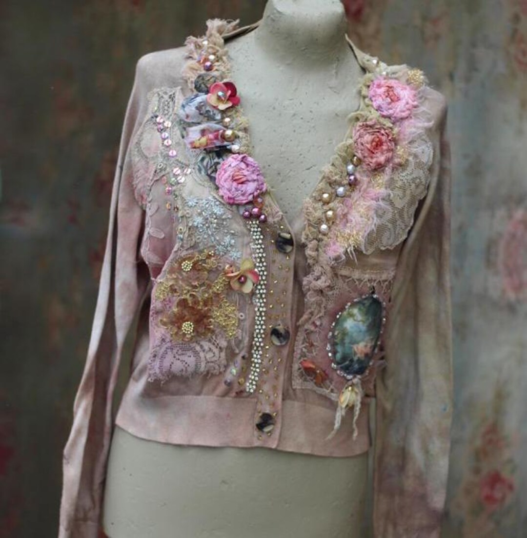 Artsy Boho Jacket/cardi "vintage Accents Ii" W. Appliques, Embroidered Details, Hand Dyed, Boho ...