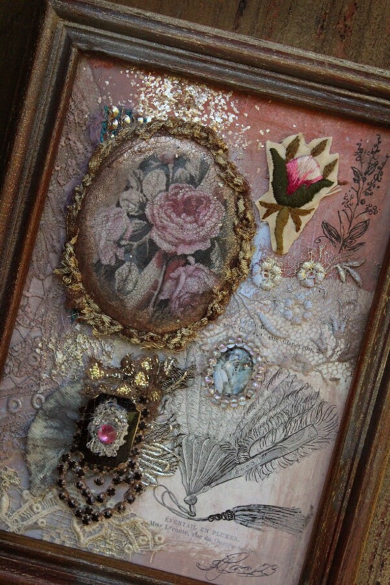 Original Art, Small Collage Painting "antique Roses" Victorian Inspired ...