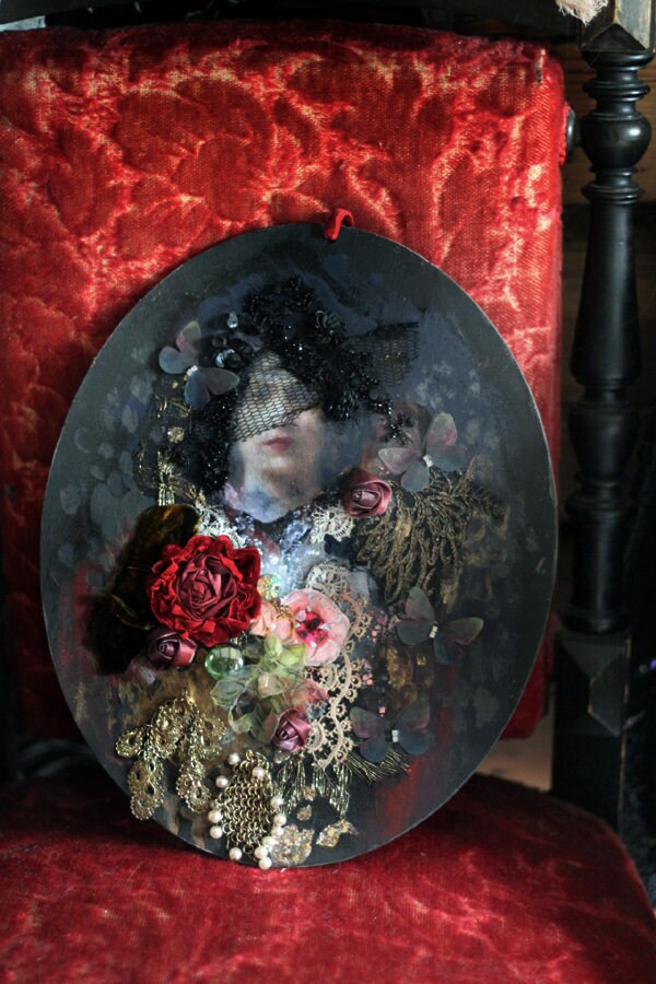 Original Art, Collage Painting, "lady With Veil and Roses" With Antique ...