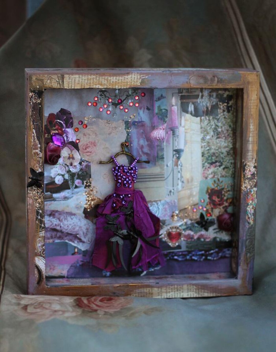 Collage Shadow Box, Assemblage Art 'purple Dress" Original Art, Room ...