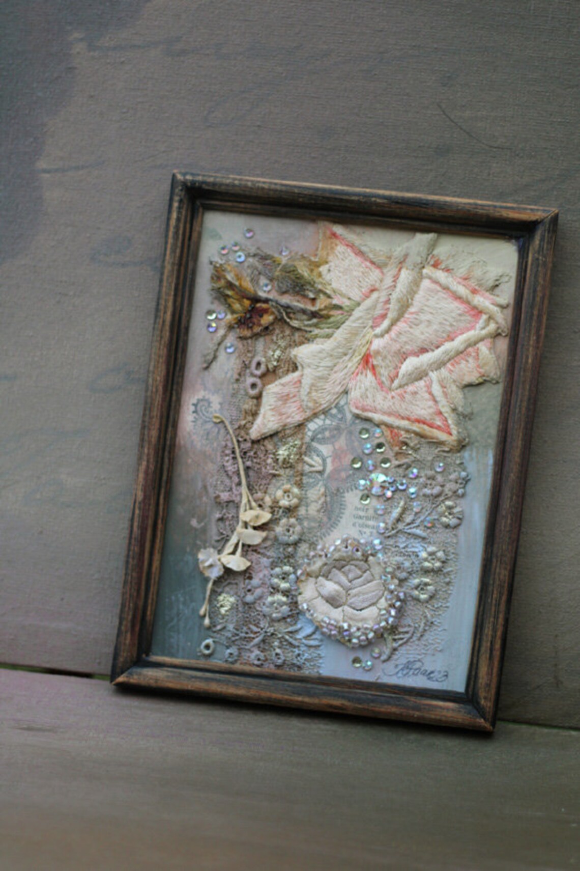 Original Art, Collage Painting, "frozen Roses" With Antique Textiles ...