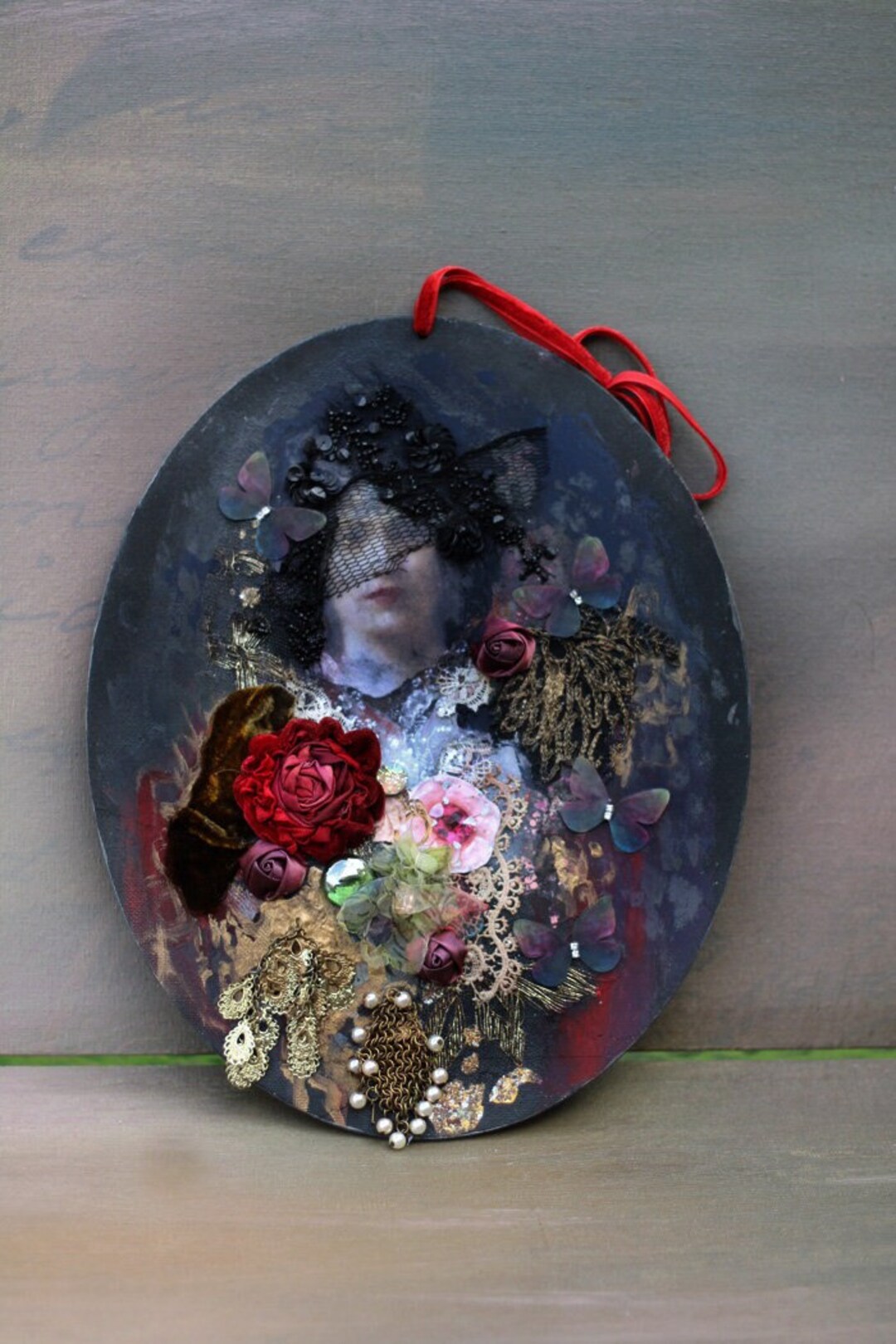 Original Art, Collage Painting, "lady With Veil and Roses" With Antique ...
