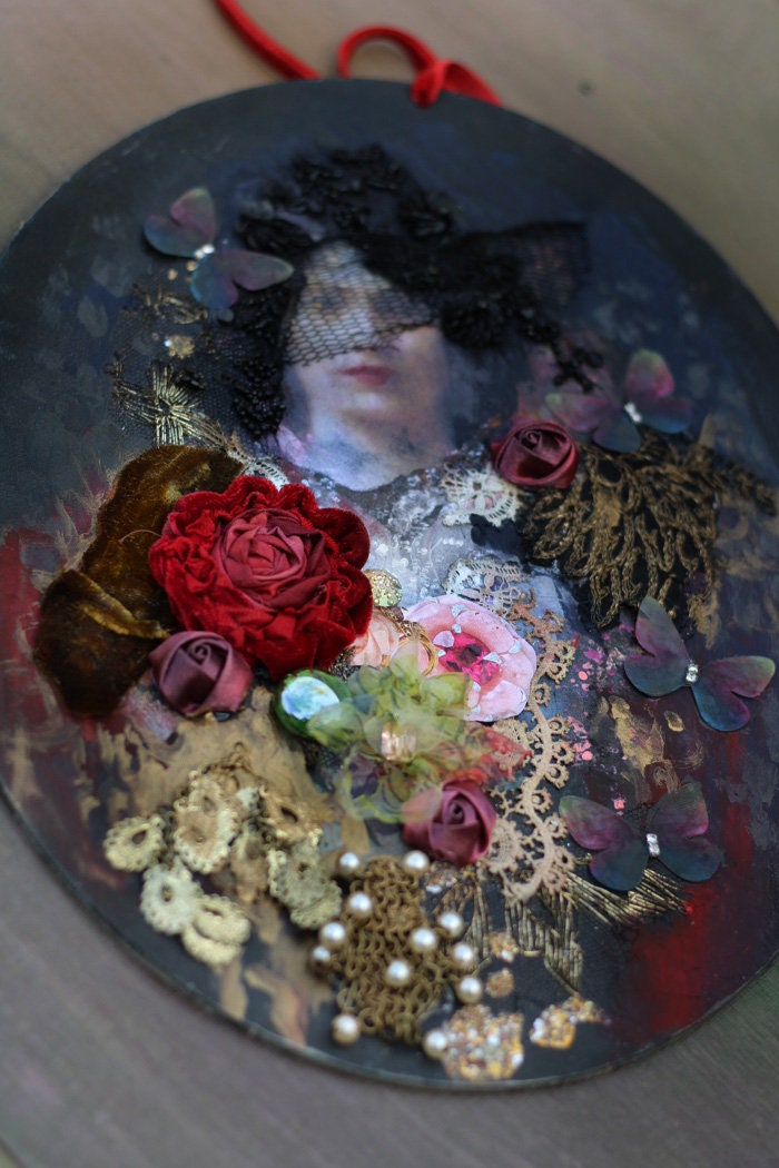 Original Art, Collage Painting, "lady With Veil and Roses" With Antique ...