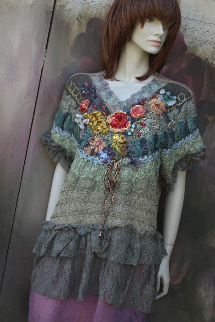 Artsy Boho Knit Top antique Roses Knit Top/vest, Embroidered Details ...