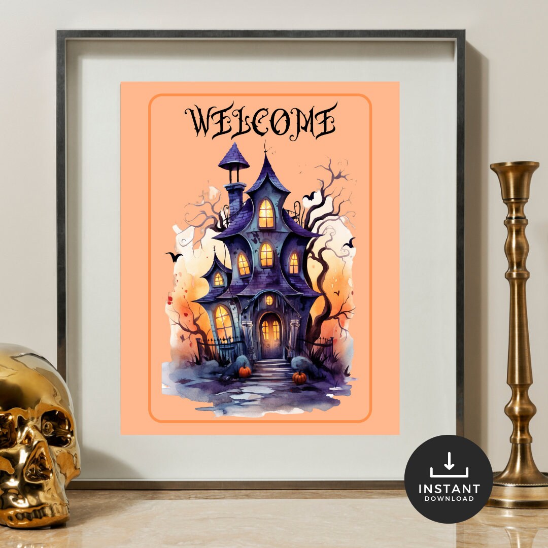 Haunted House Welcome Sign - Halloween Watercolor Digital Download ...