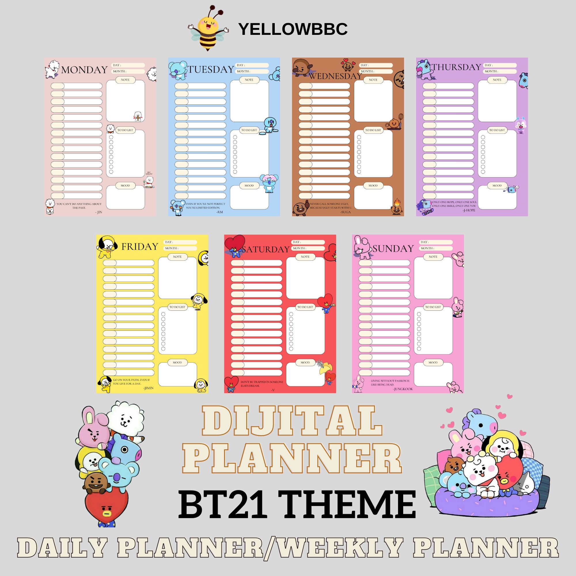 BT21 Theme Daily Planner, Digital Planner, Printable Planner, Weekly ...