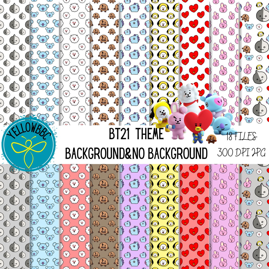 BT21 Theme Digital Paper, Scrapbook Paper, BTS Seamless Patterns, BT21 ...