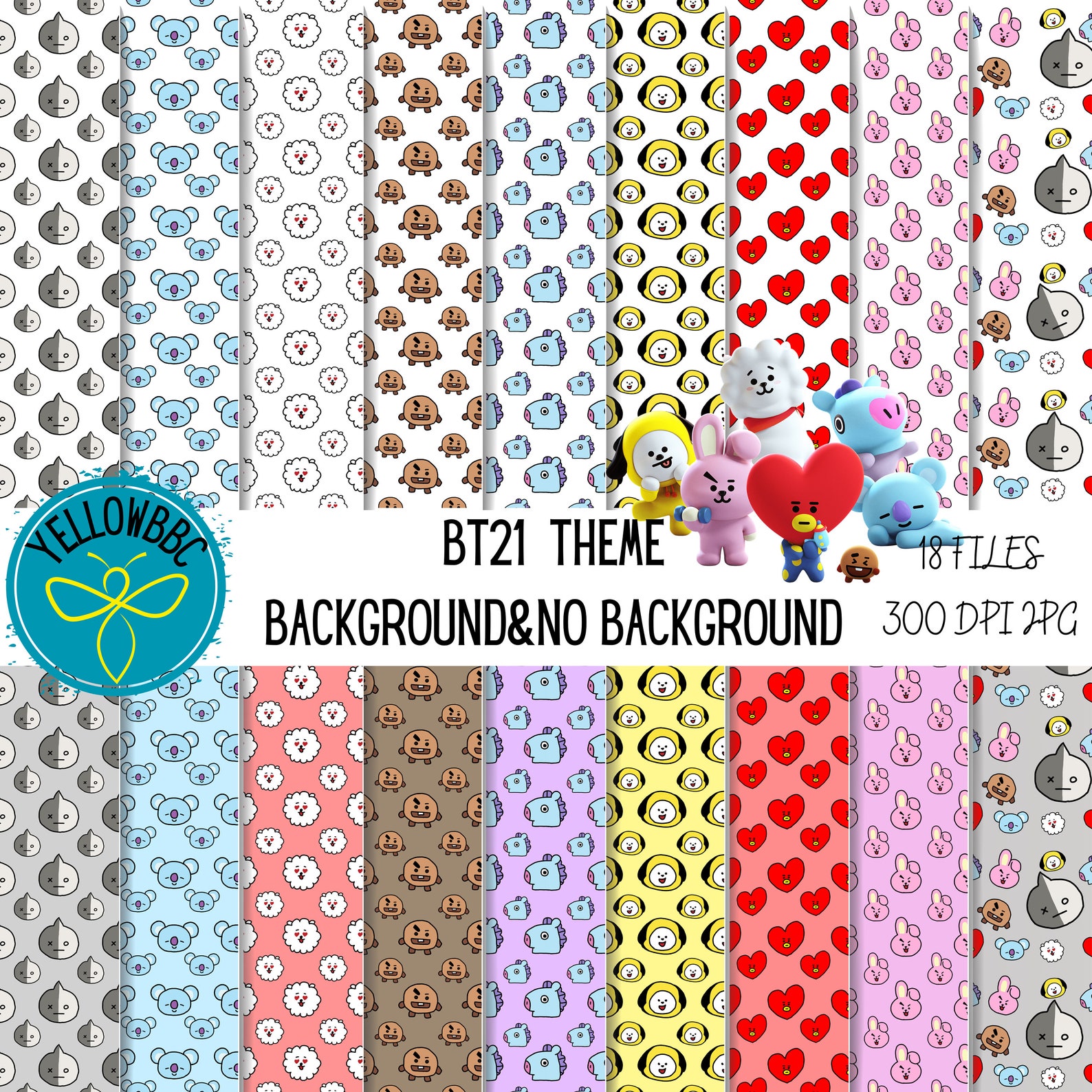 BT21 Theme Digital Paper, Scrapbook Paper, BTS Seamless Patterns, BT21 ...