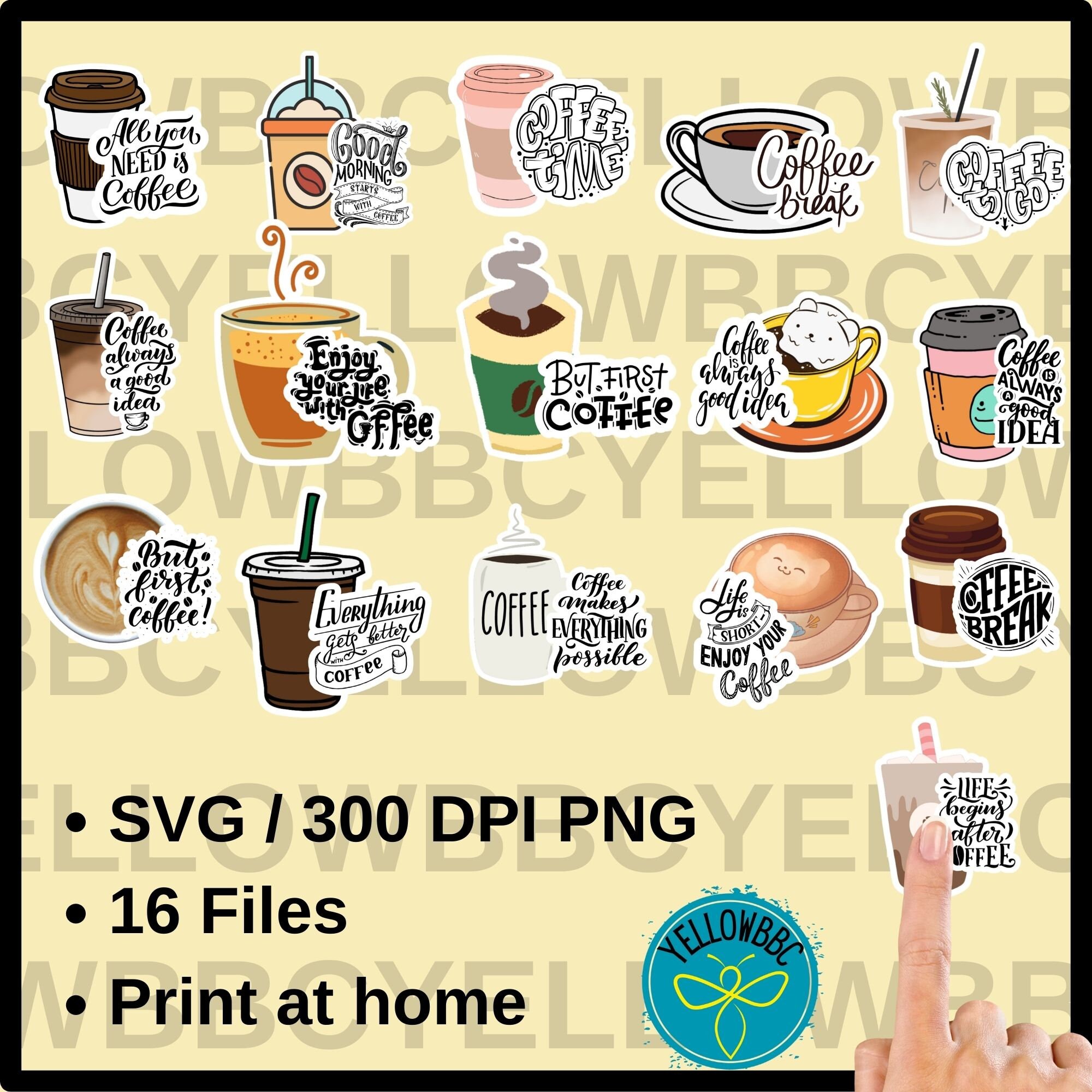 Coffee Time Printable Stickers, SVG-PNG, 16 Files Download Stickers ...