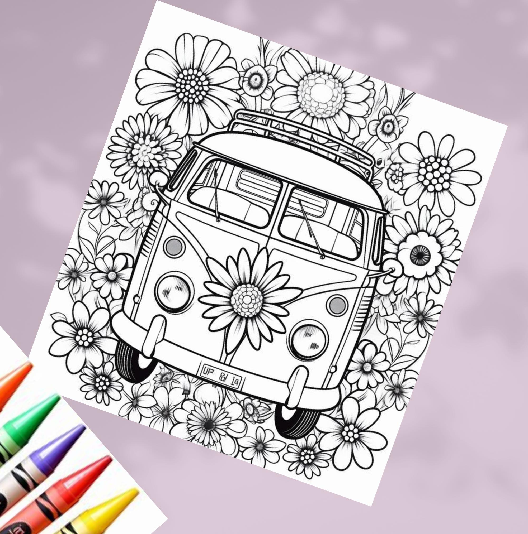 One Floral Car Coloring Page for Kids and Adults Digital Car Coloring ...