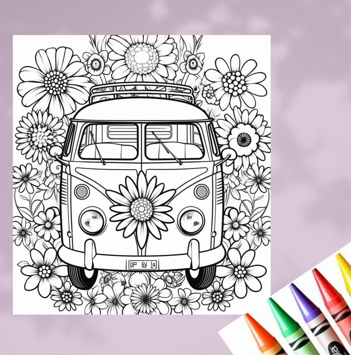 One Floral Car Coloring Page for Kids and Adults Digital Car Coloring ...