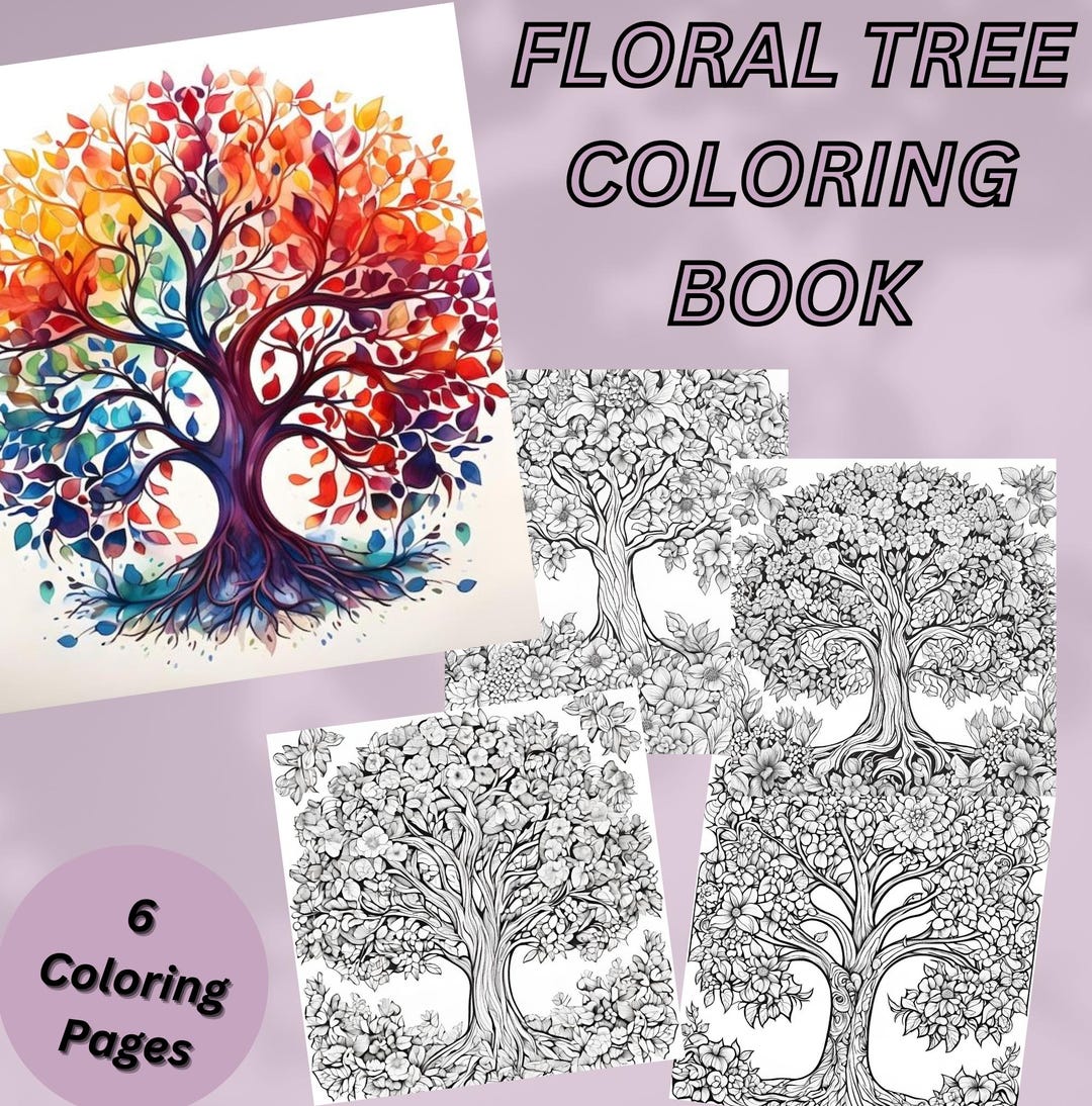 6 Floral Tree Coloring Pages for Adults and Kids Nature Coloring Book ...