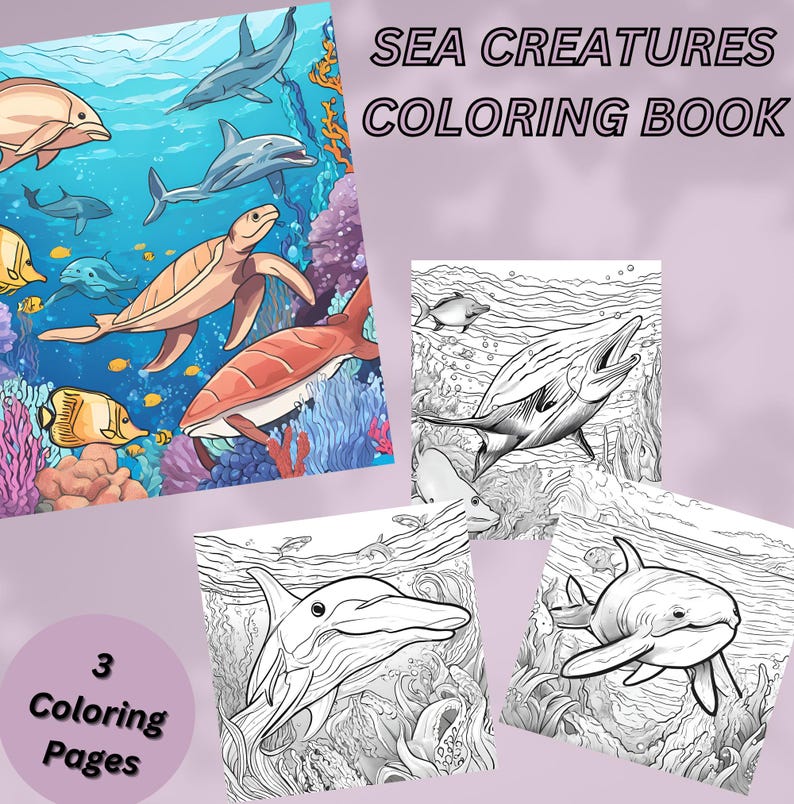 3 Sea Creature Coloring Pages for Adults and Kids Coloring Book Ocean ...