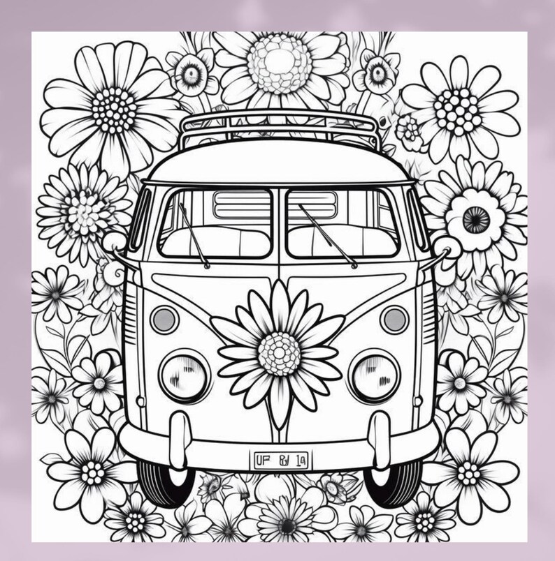 One Floral Car Coloring Page for Kids and Adults Digital Car Coloring ...
