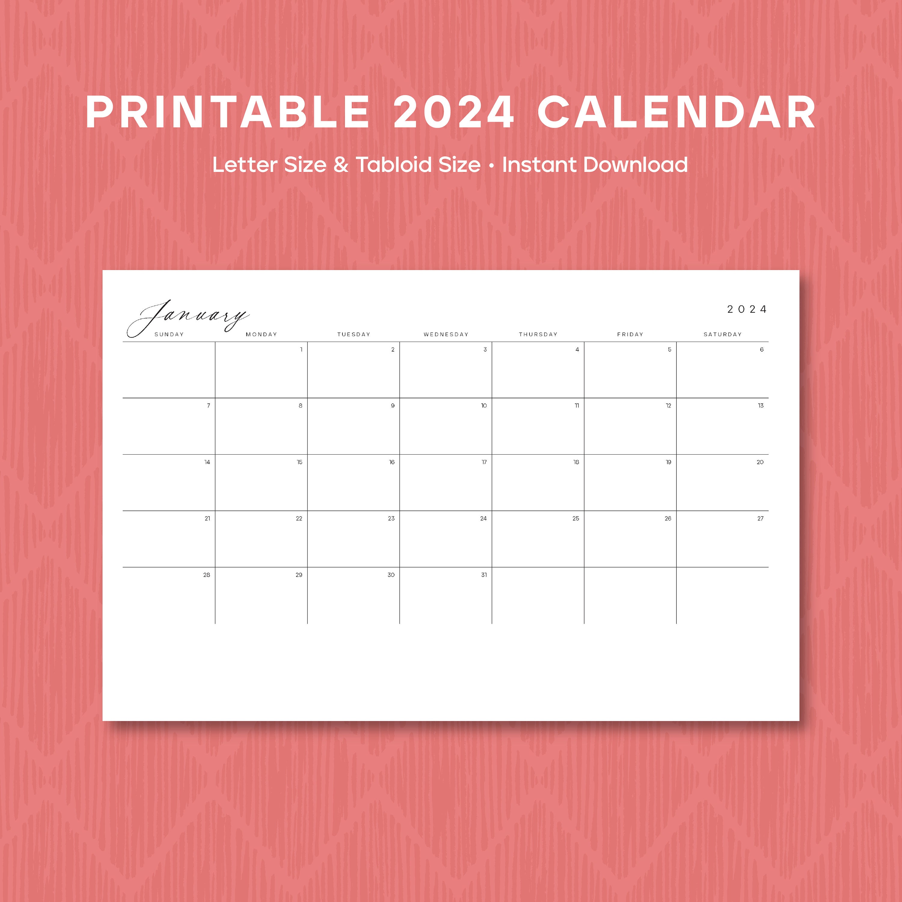 Printable Calendar Monthly Calendar Horizontal Calendar PDF - Etsy