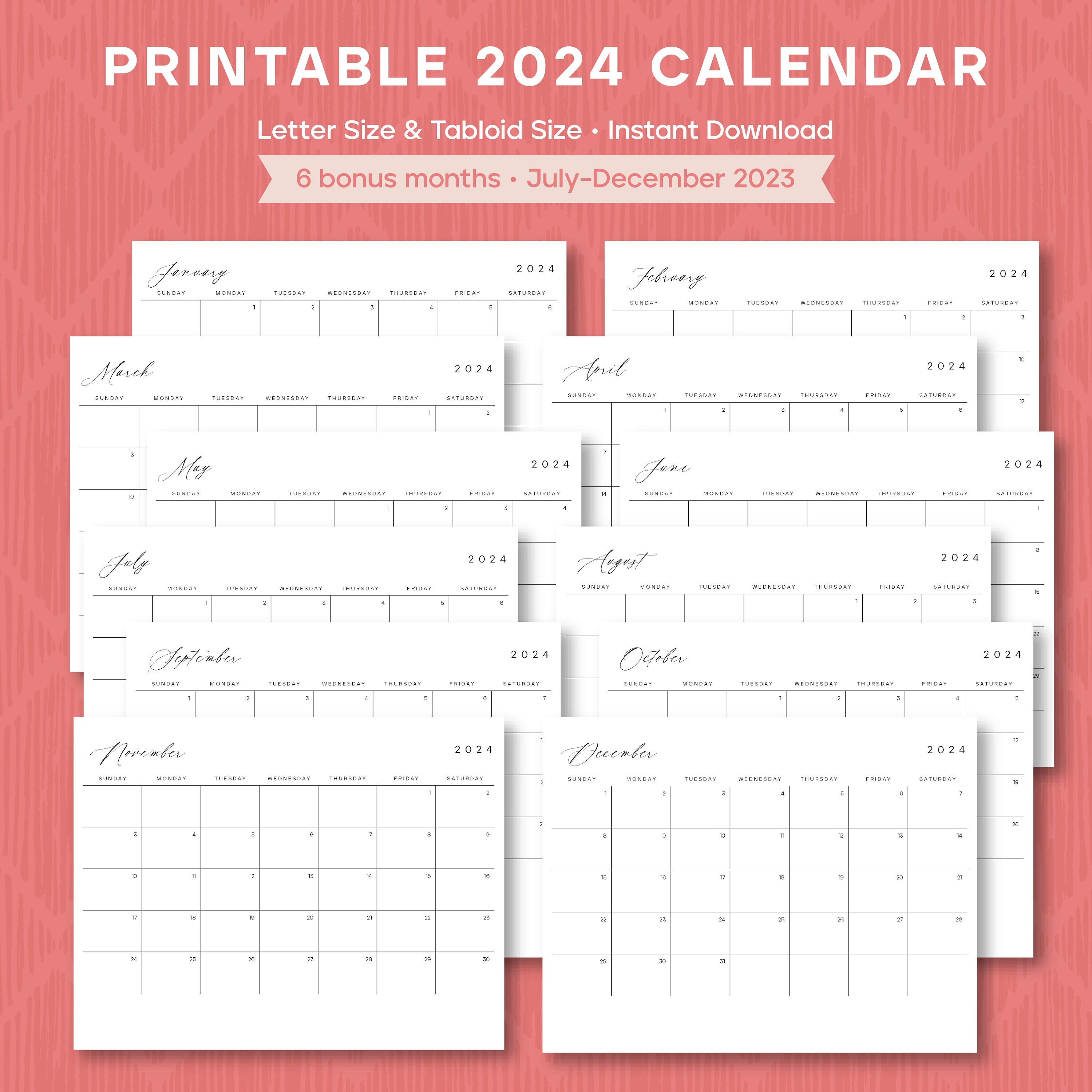 Printable Calendar Monthly Calendar Horizontal Calendar PDF - Etsy