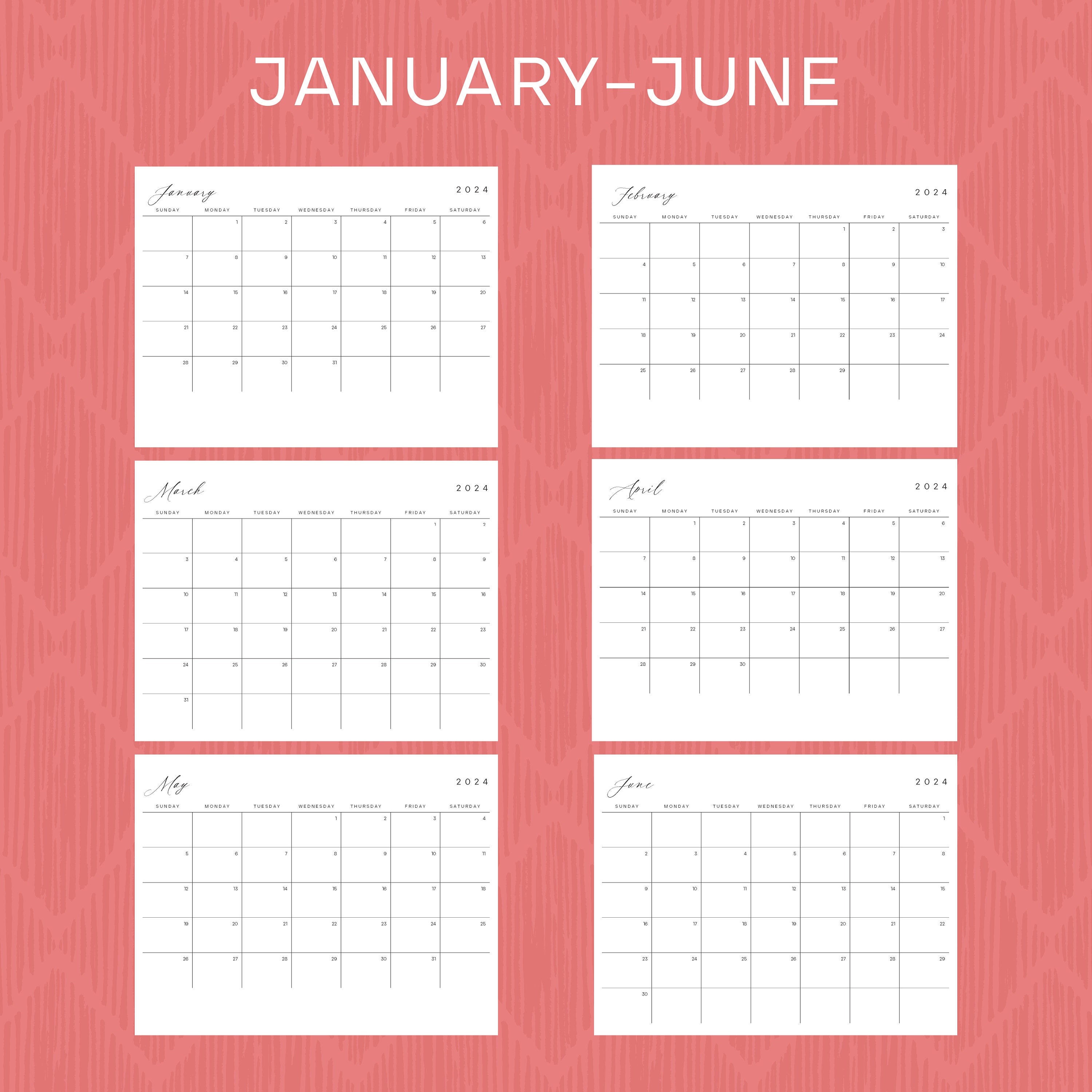 Printable Calendar Monthly Calendar Horizontal Calendar PDF - Etsy